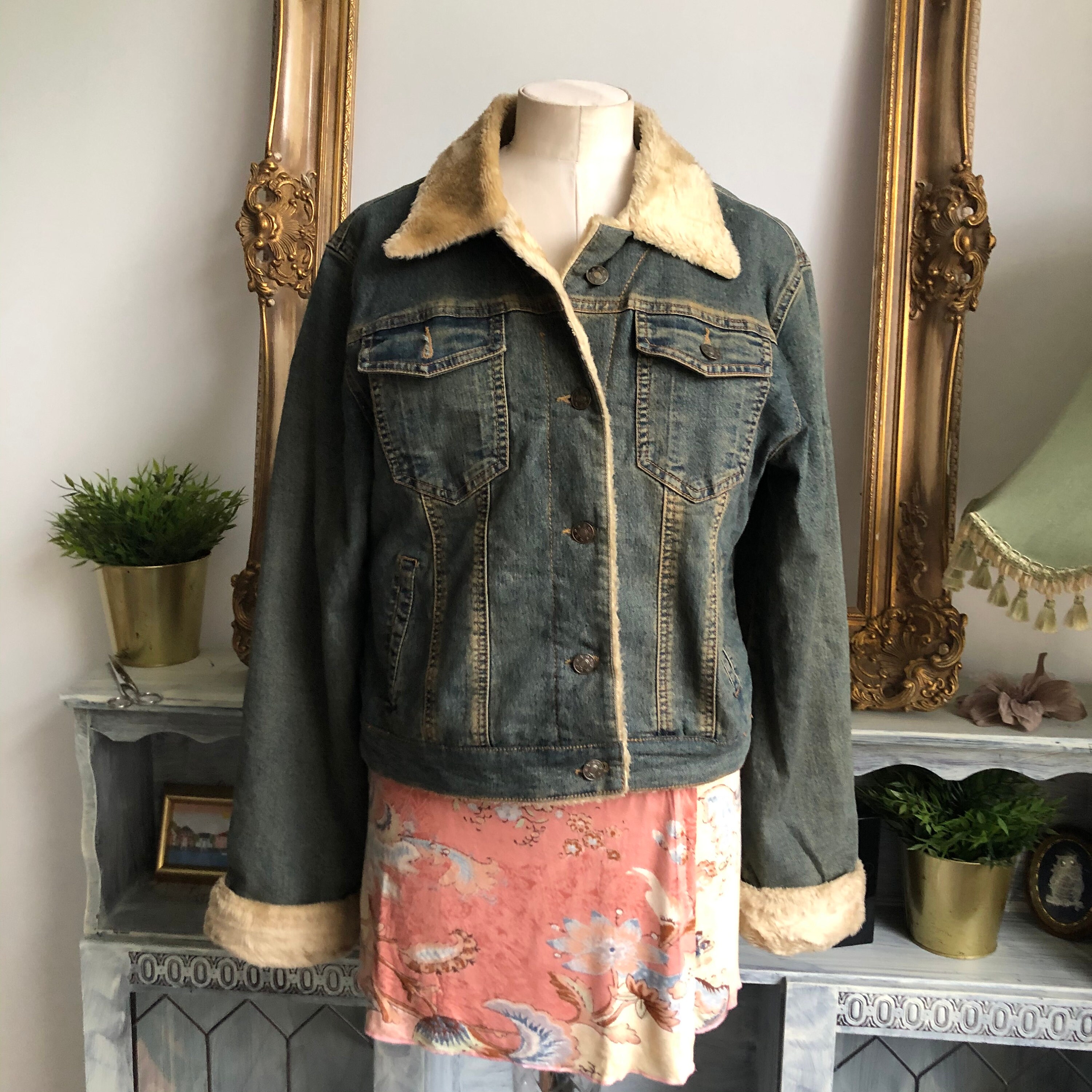 Y2K Acid Wash Beige Denim Jacket Faux Fur Collar and Cuffs Fit - Etsy