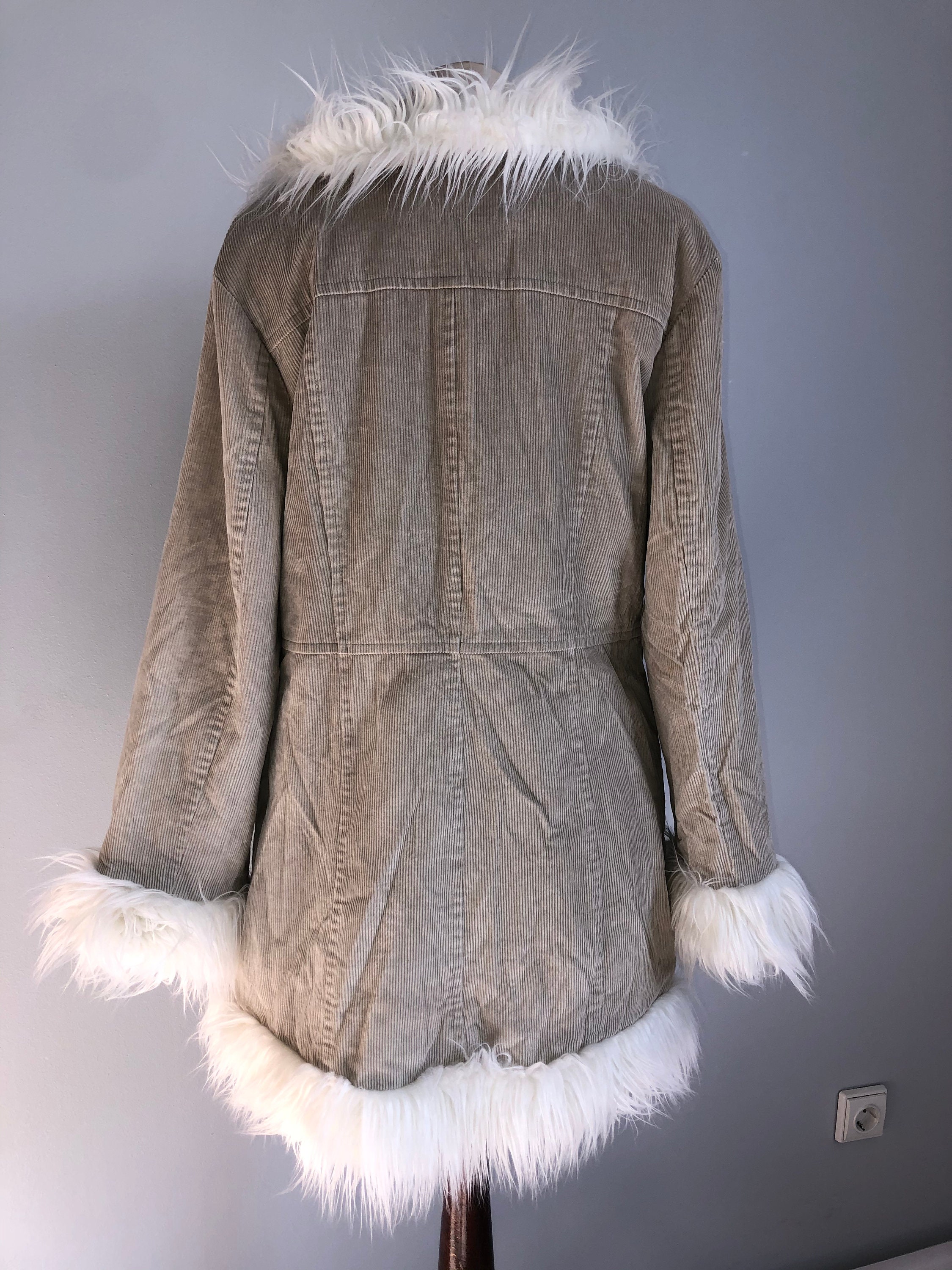 Vintage Beige Cord Afghan Style Coat Shaggy White Fur Trim Sz M/L White ...