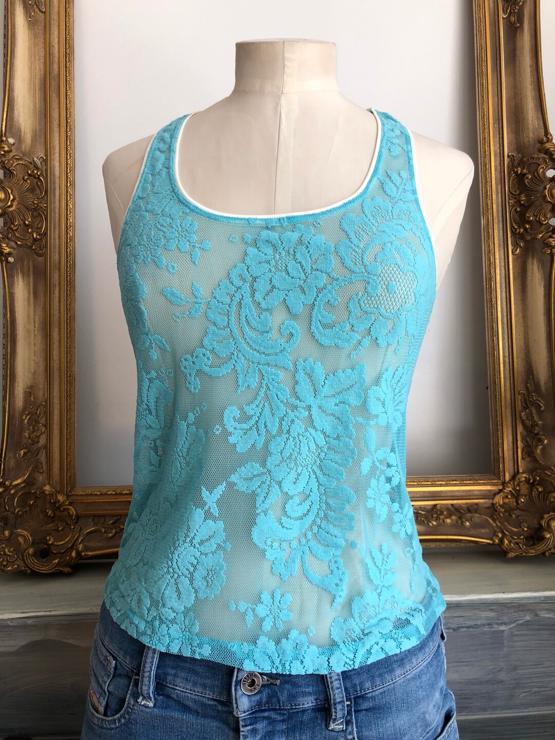 Y2K Lace Tank Top From Victiria’s Secret Sz S, Blue Lace Tee, Sheer ...