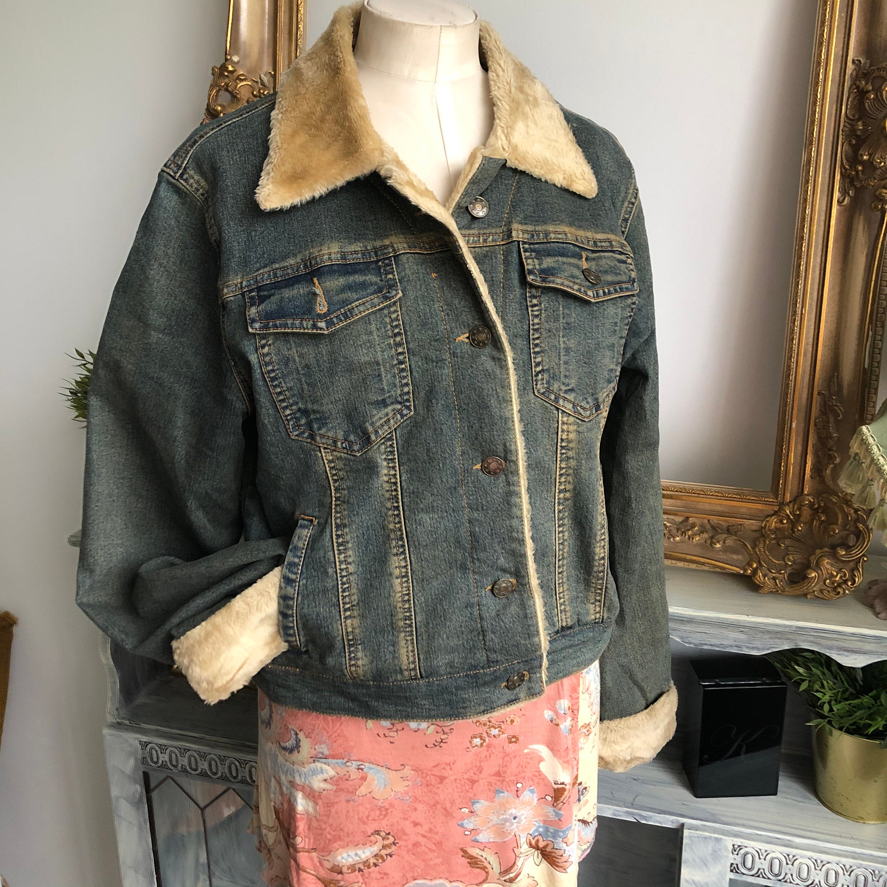 Y2K Acid Wash Beige Denim Jacket Faux Fur Collar and Cuffs Fit - Etsy