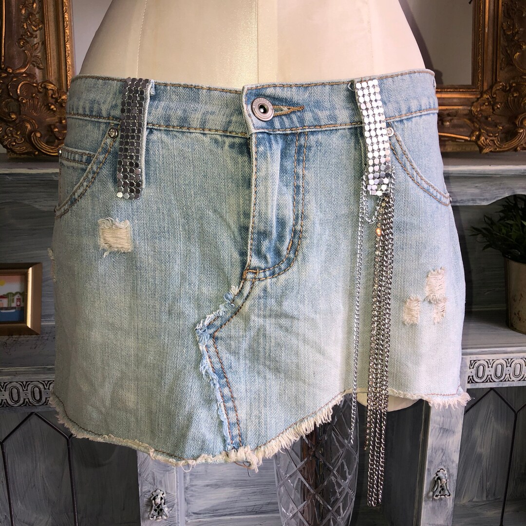 Y2K River Island Jewelled Mini Skirt Denim Micro Skirt Low Waist Sz S ...