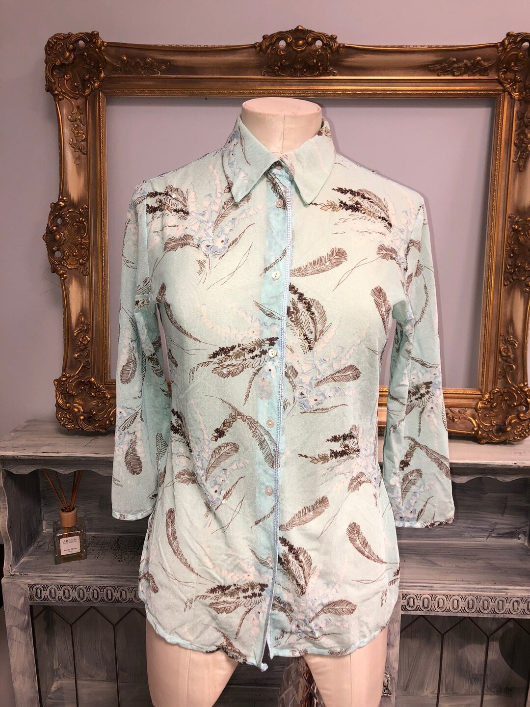 Pastel Blue Mesh Shirt Top Sz S/M Nice Connection Sequinned Mesh ...