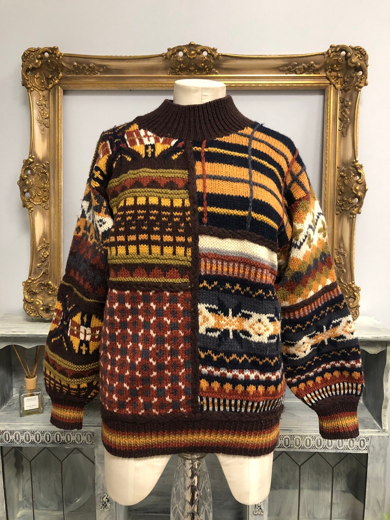 90s Mexican Cowichan Chunky Sweater Sz S/M Novelty Sweater Eclectic ...