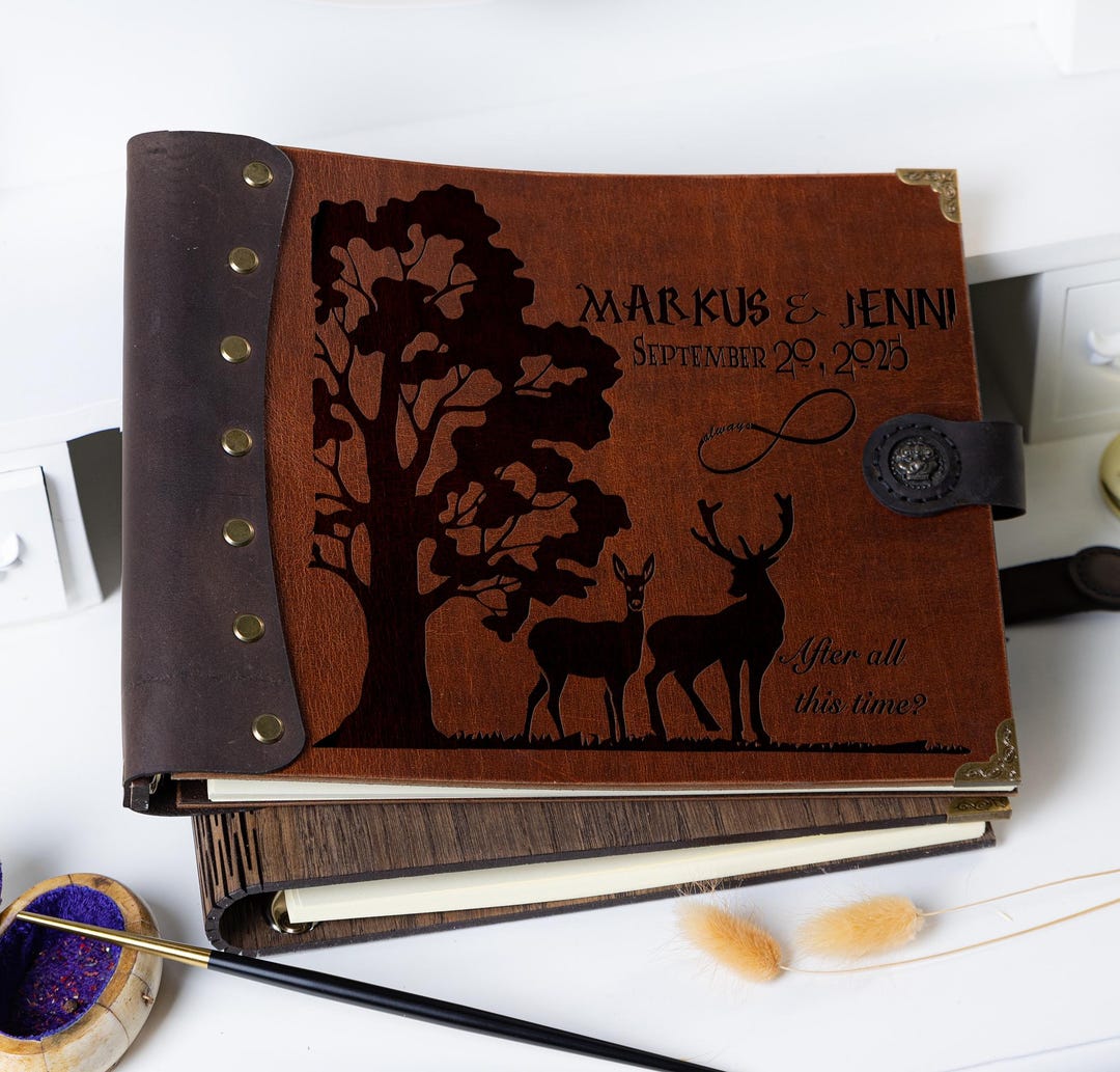 Personalized Wood Wedding Guest Book: Leather Spine, Engraved Album ...