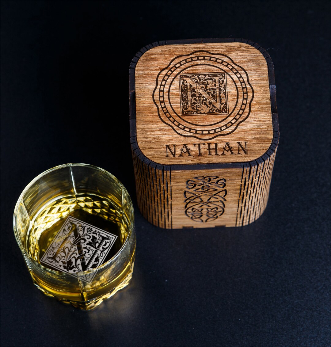 Personalized Whiskey Glass Set With Engraved Wooden Box – Groomsmen ...