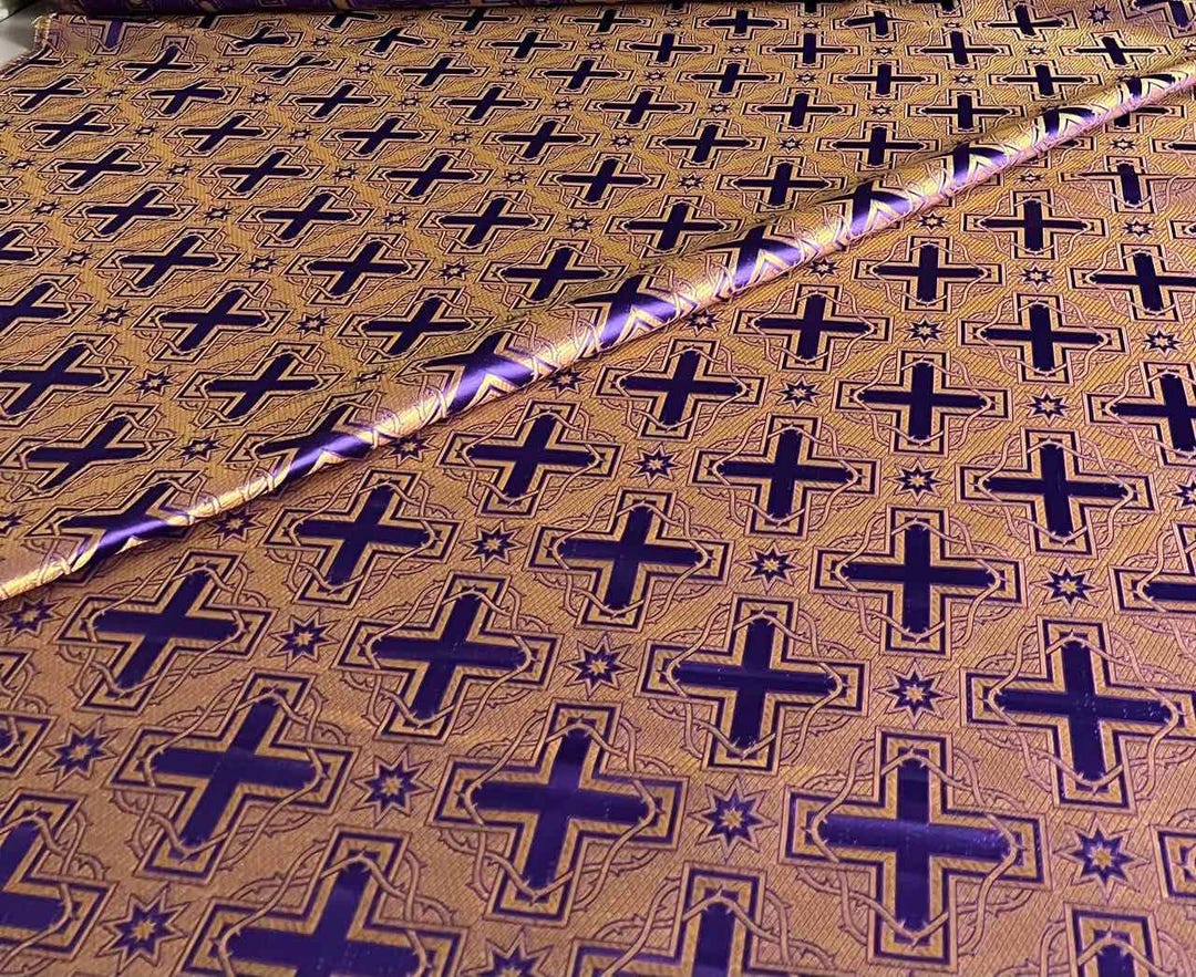 Liturgical Metallic Brocade Fabric in Many Colors, Christian Cross ...