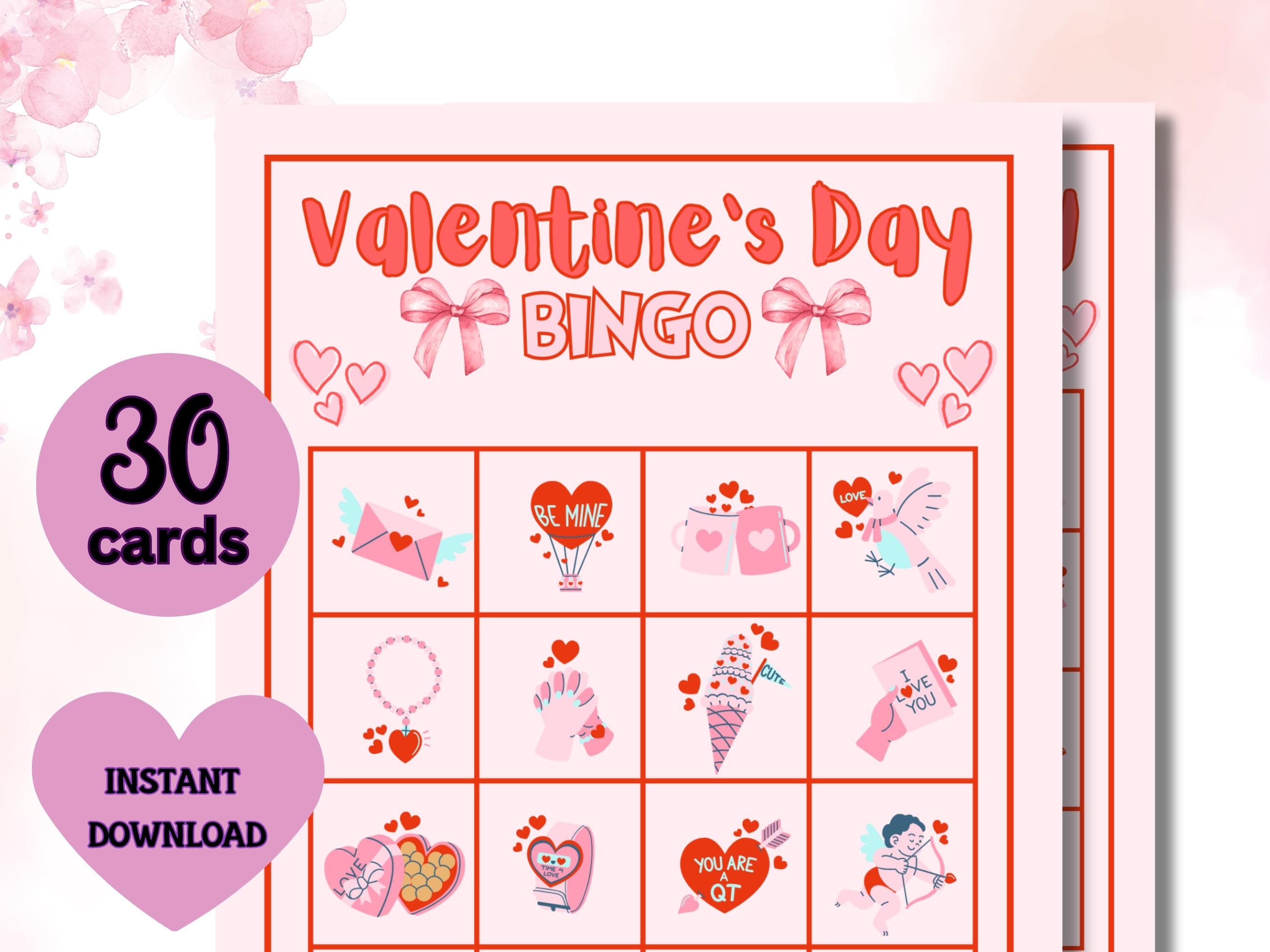 Valentine Day Bingo, 30 Printable Cards, Valentine Day Printable Bingo ...