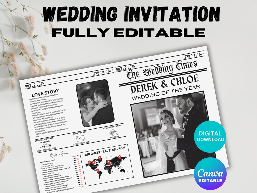 Wedding Newsletter Invitation, Canva Fully Editable Newspaper Wedding ...