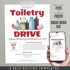 Toiletry Drive Editable TEMPLATES | 8.5x11 Flyer, 11x17 Poster, Social ...