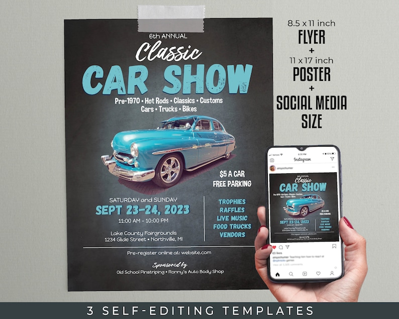 Car Show Editable TEMPLATES | 8.5x11 Flyer, 11x17 Poster, Social Media ...
