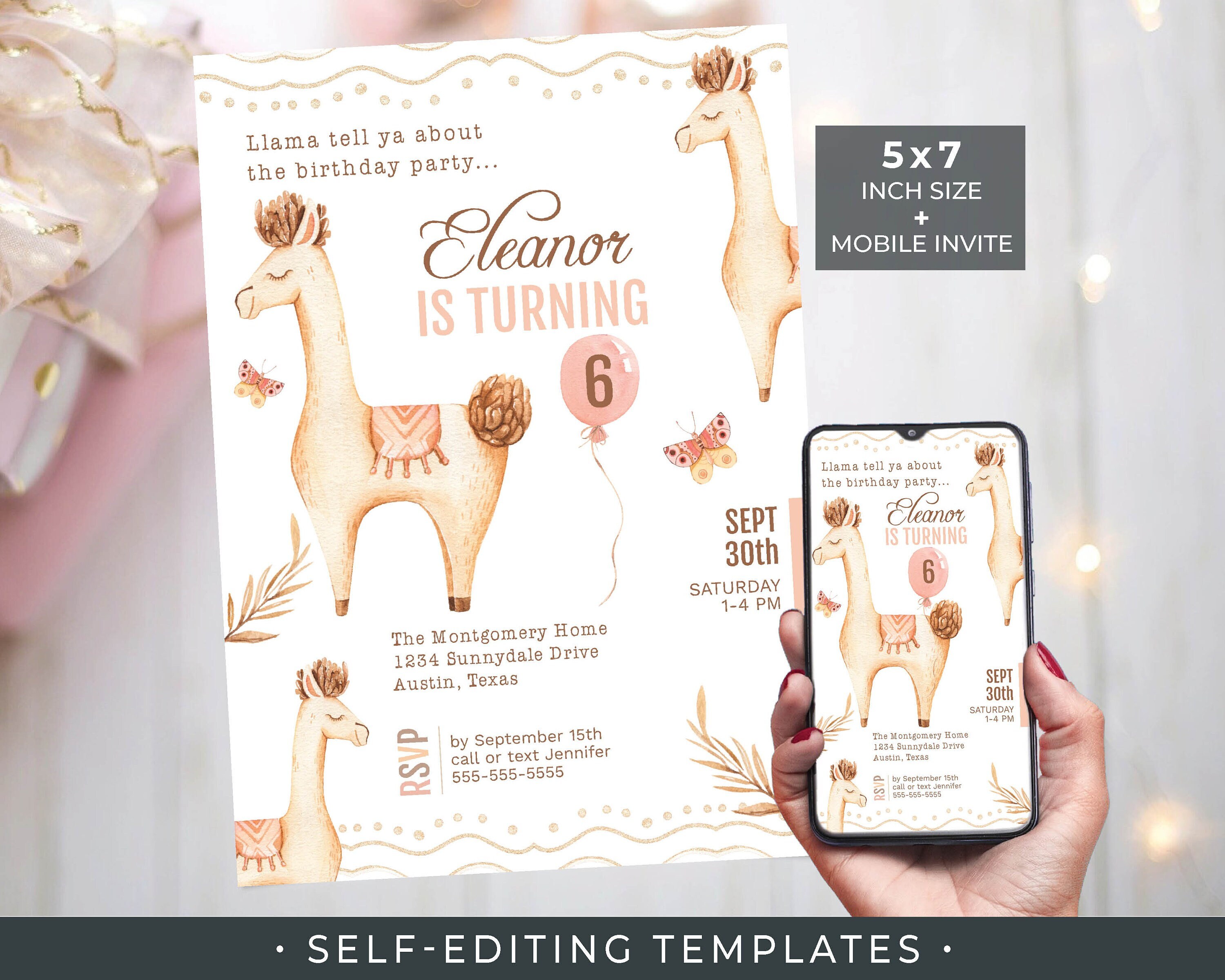 Llama Birthday Invite TEMPLATE Self-editing 5x7 Invitation Digital Text ...