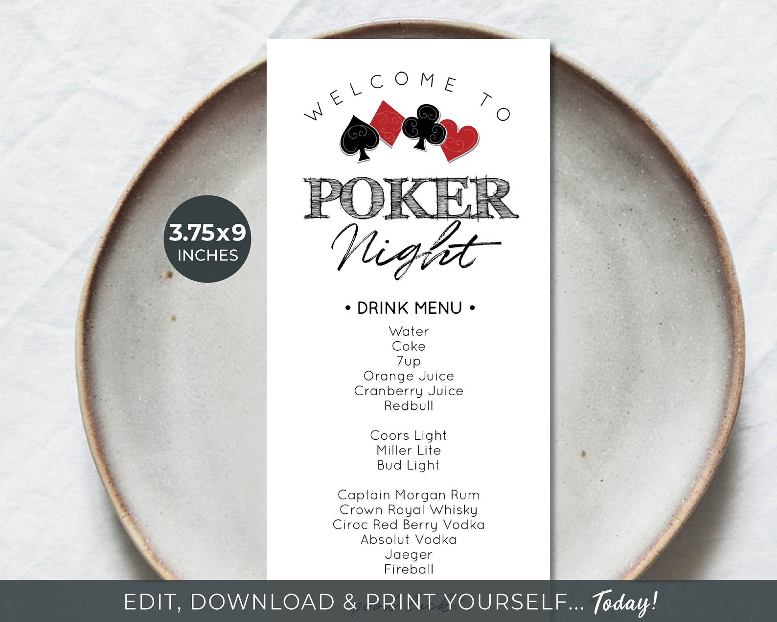 Poker Night Menu TEMPLATE Drink or Food Menu Casino Night Poker Party ...