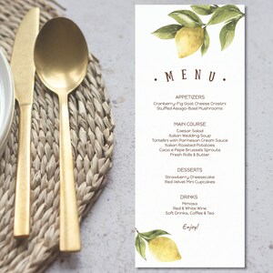 Lemon Theme Menu TEMPLATE Drink or Food Menu Citrus Lemon Design 3.75x9 ...