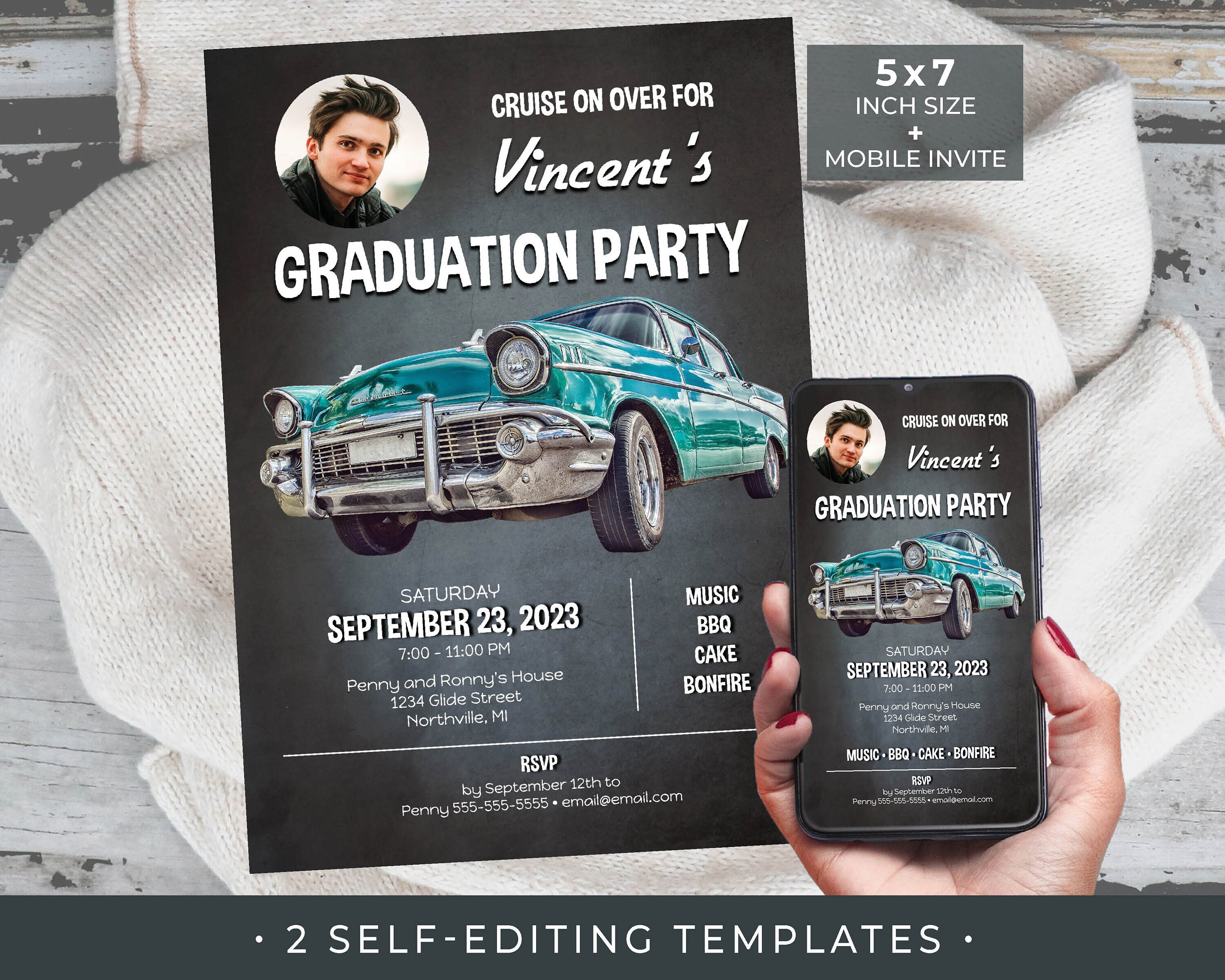 Cruise on Over Graduation Invitation Self-editing TEMPLATE + Mobile ...