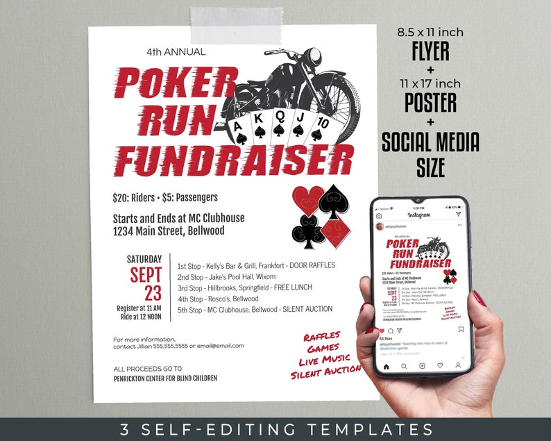 Poker Run Fundraiser Bundle | 3 Self-editing TEMPLATES | 8.5x11 Flyer ...