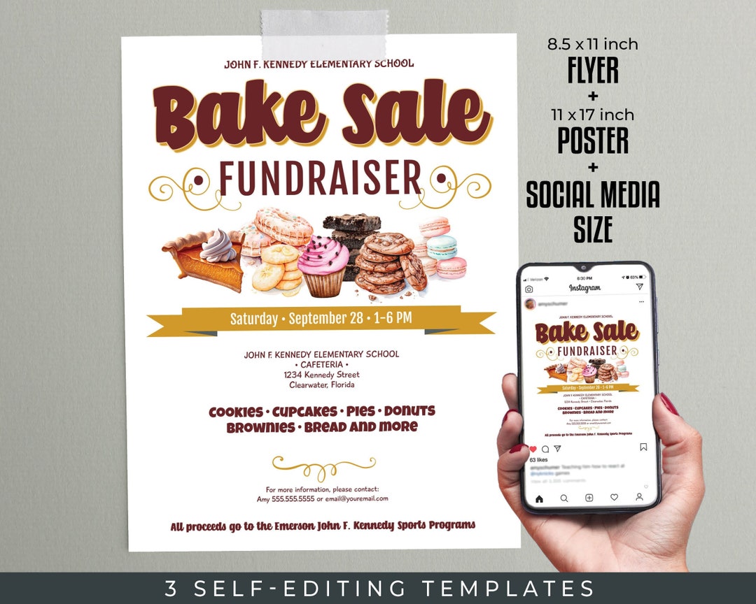 Bake Sale Fundraiser Bundle 3 Self-editing TEMPLATES | Flyer, Poster ...