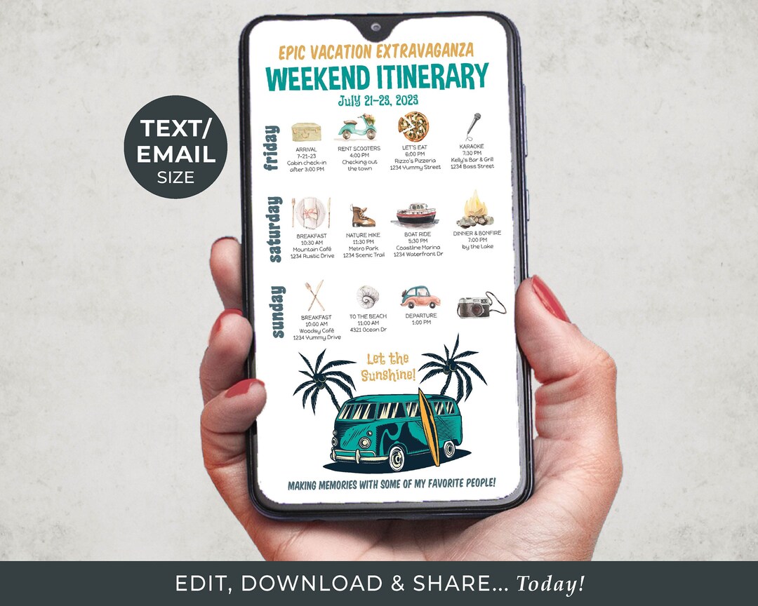 Weekend Itinerary Digital Editable TEMPLATE | Mobile Phone Size ...