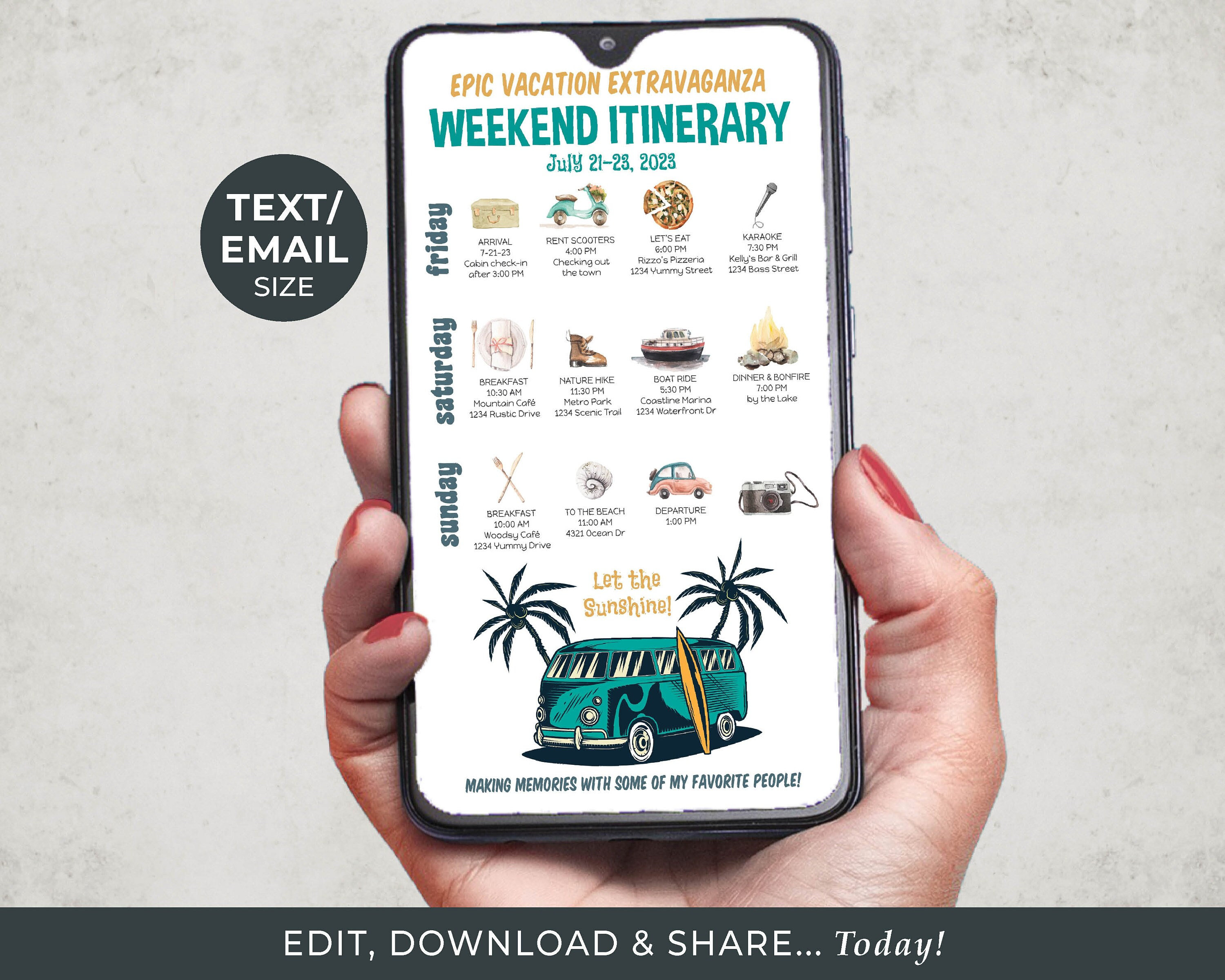 Weekend Itinerary Digital Editable TEMPLATE Mobile Phone Size Weekend ...