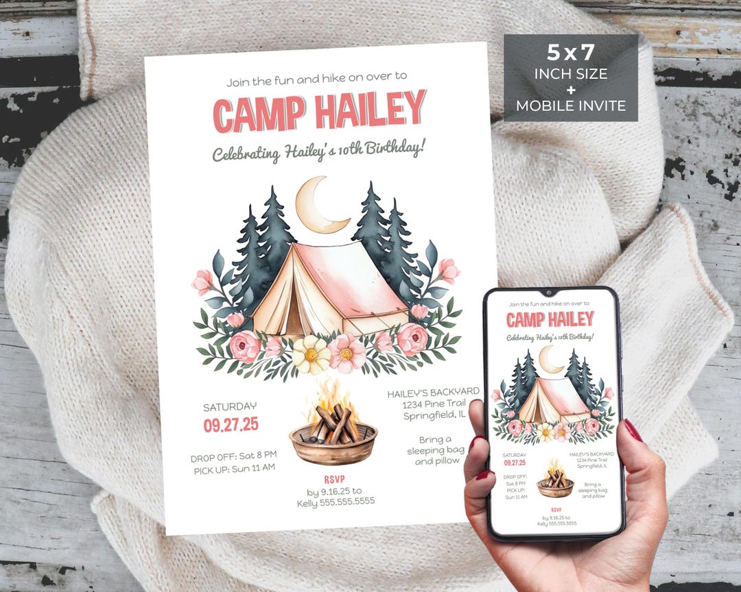 Camping Party Invite Self-editing TEMPLATE + Mobile Invite | Outdoor ...