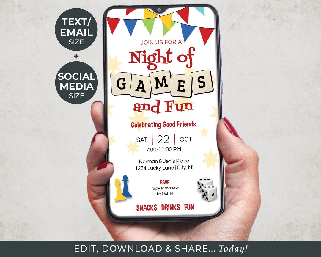 Night of Games and Fun Electronic Invitation Template | Editable Party ...