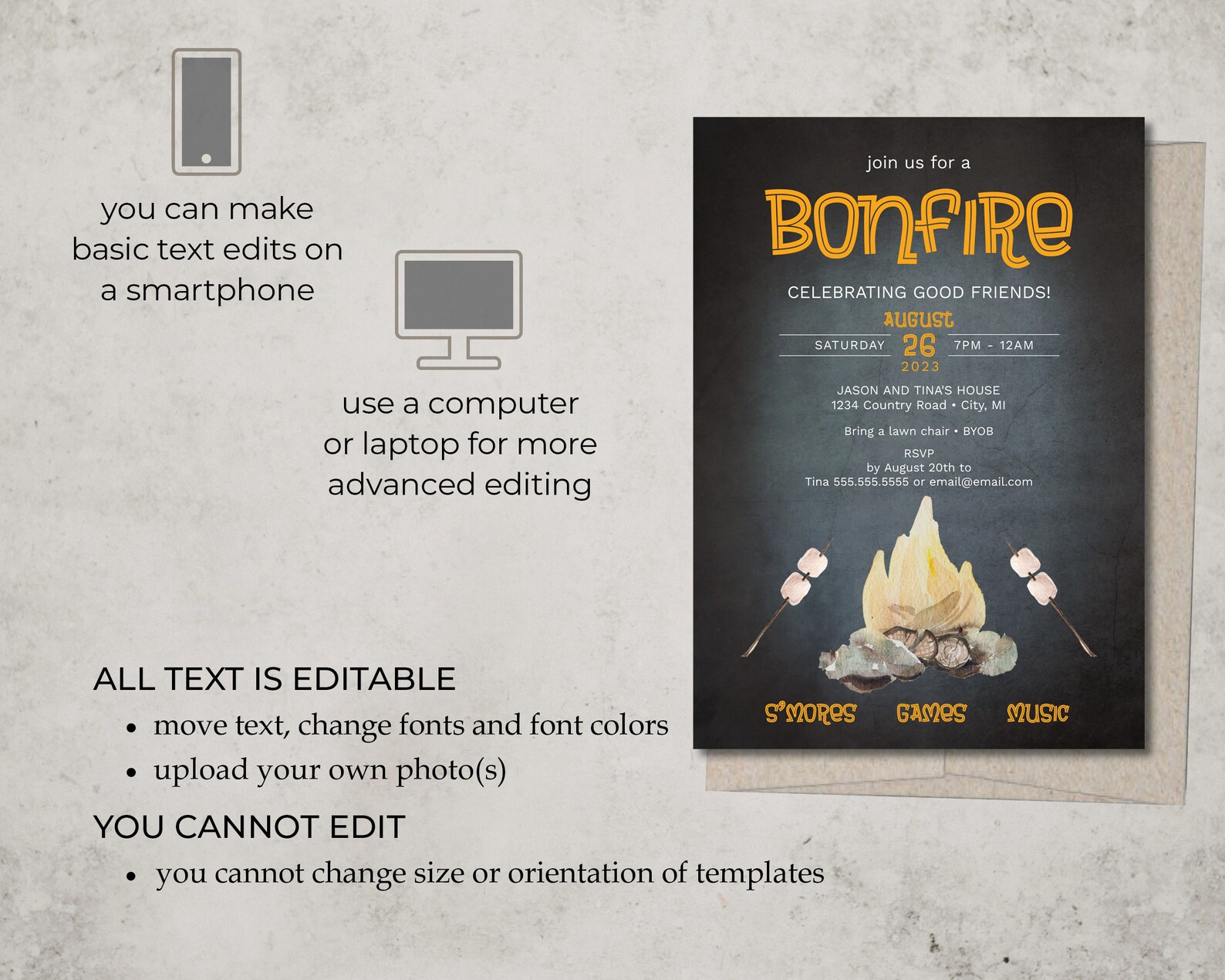 Bonfire Invite Editable TEMPLATE 5x7 Inch Invite | Etsy