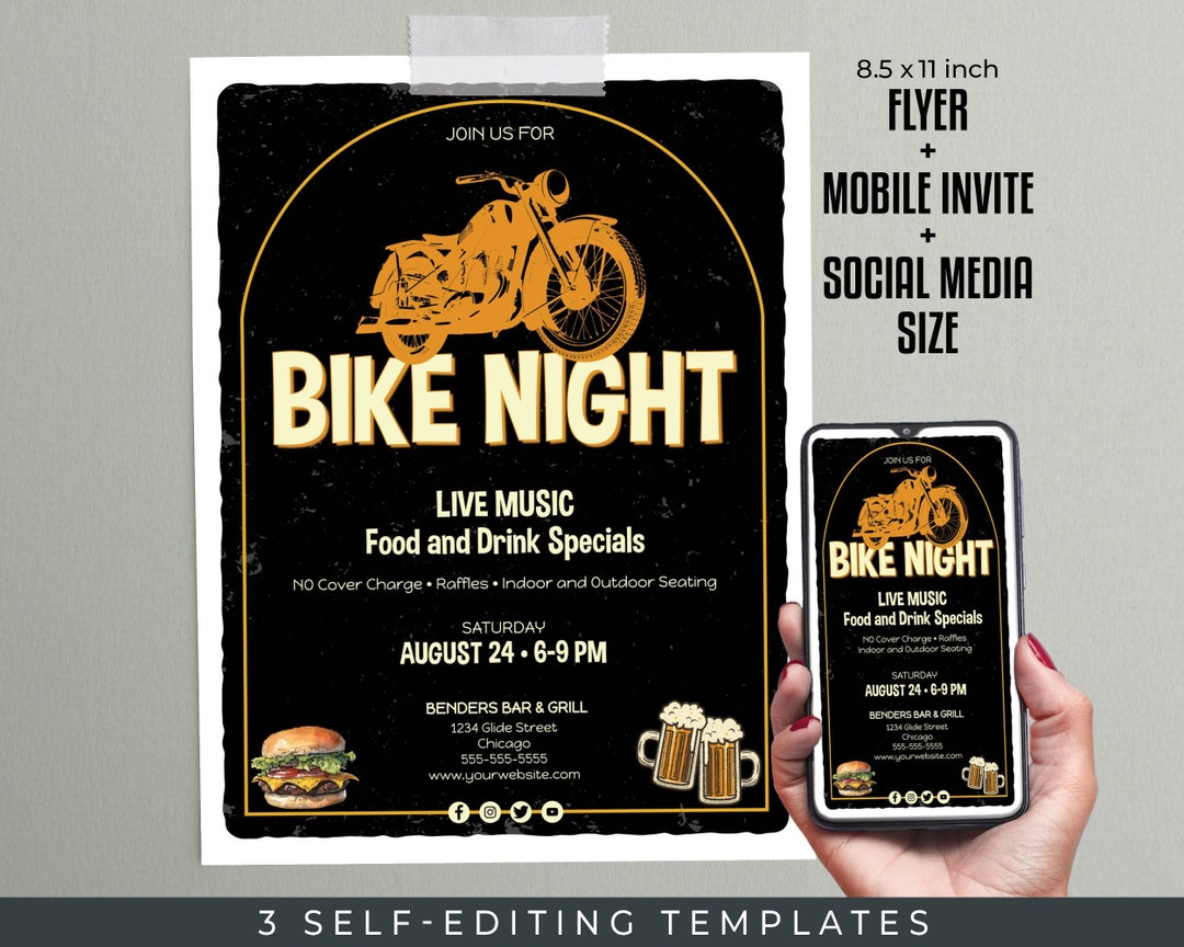 Bike Night - 3 Editable TEMPLATES | 8.5x11 Flyer, Mobile Invite, Social ...