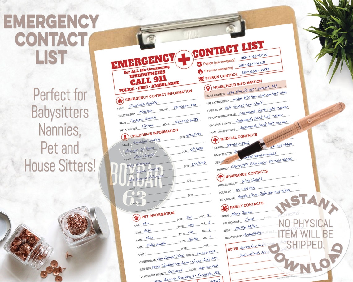 Emergency Contact List Instant Digital Download PDF & JPG - Etsy