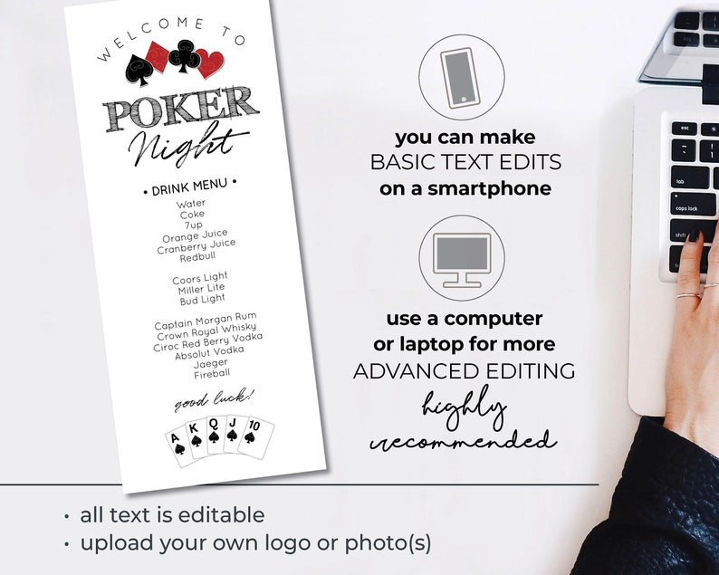 Poker Night Menu TEMPLATE Drink or Food Menu Casino Night Poker Party ...