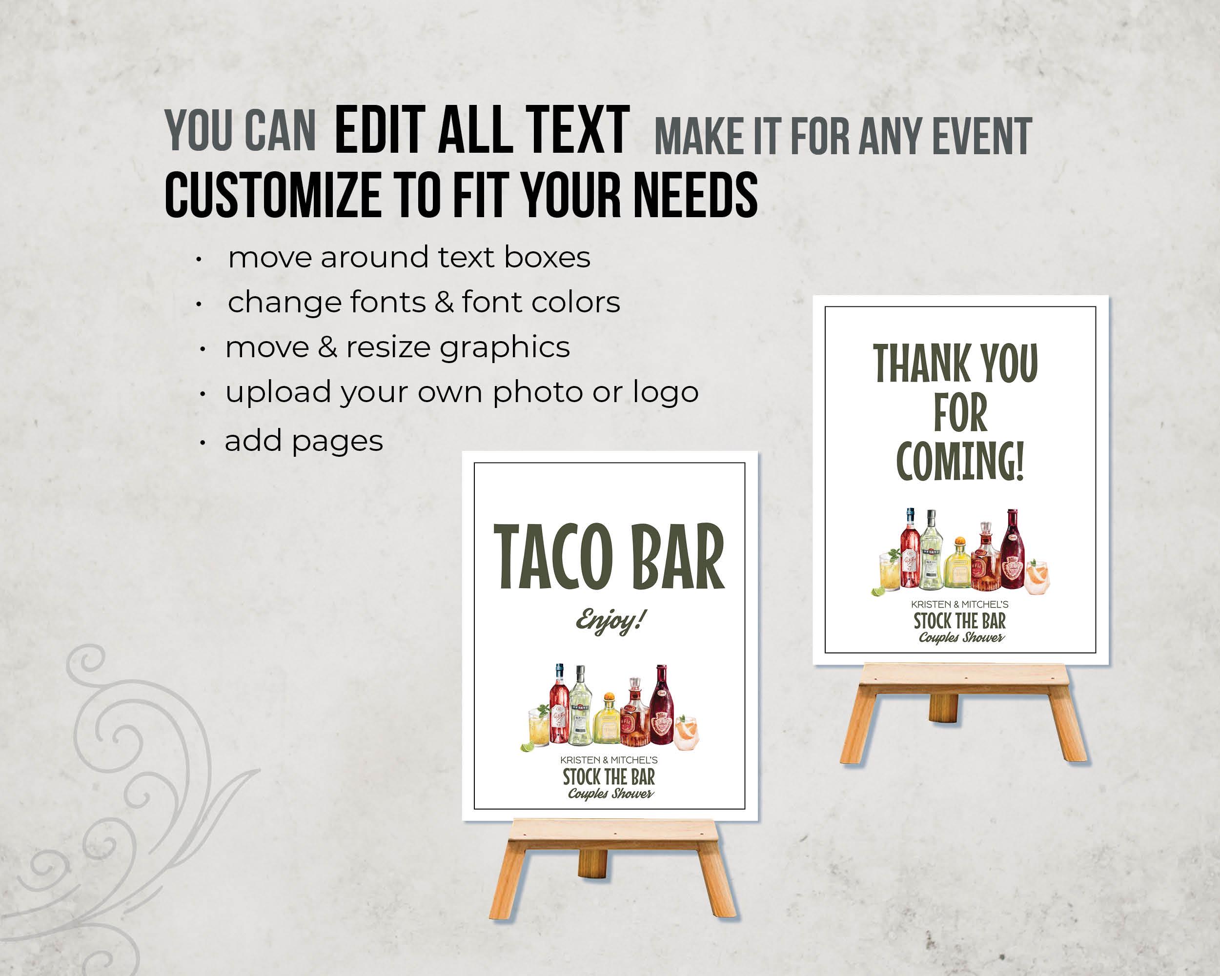 Stock the Bar Welcome Sign Self-editing TEMPLATES | Couples Shower ...