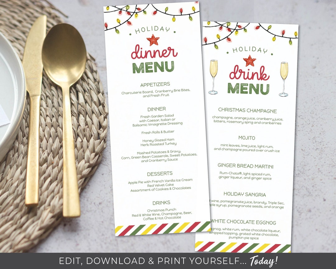 Dinner & Drink Menu TEMPLATES Holiday Drink or Food Menu - Etsy