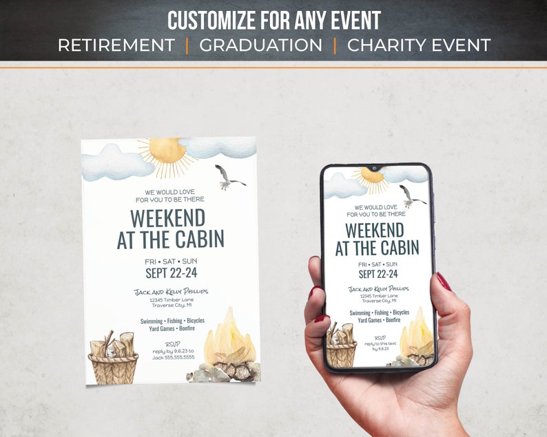 Weekend at the Cabin Invite Self-editing TEMPLATE + Mobile Invite ...