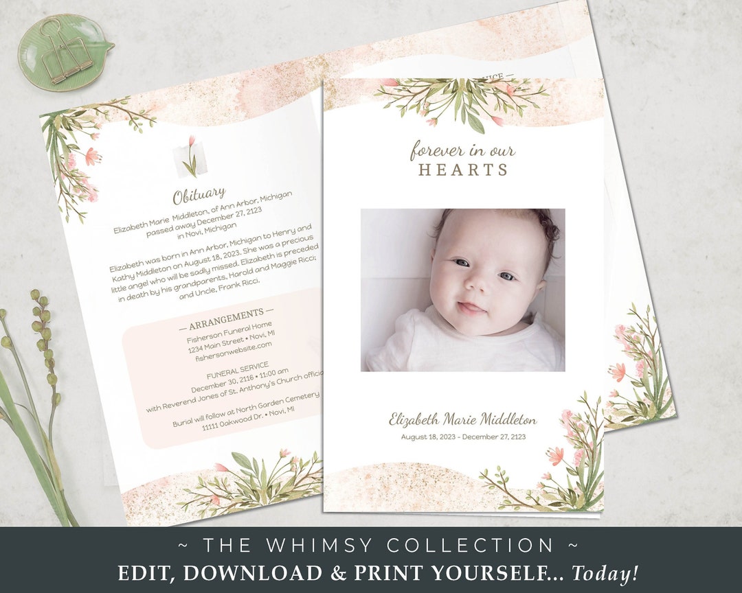 Child Baby Funeral Program TEMPLATE | Pink Floral Whimsy Memorial ...
