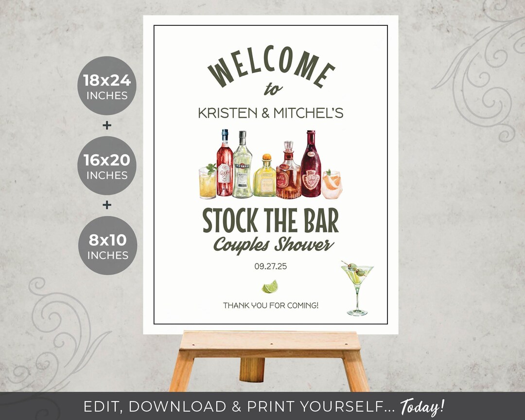 Stock the Bar Welcome Sign Self-editing TEMPLATES | Couples Shower ...