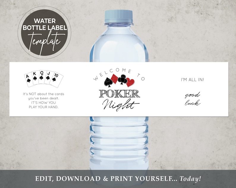 Water Bottle Label Editable TEMPLATE Poker Night Game Party Edit ...
