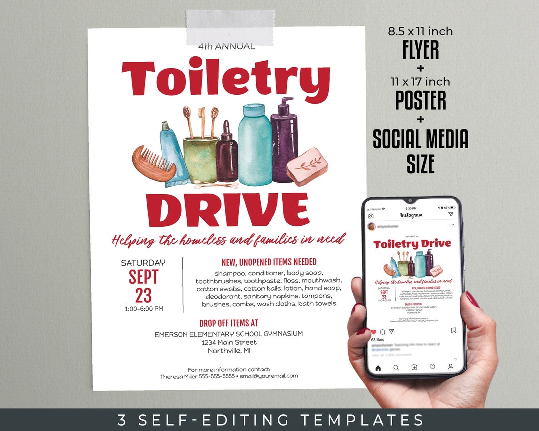 Toiletry Drive Editable TEMPLATES | 8.5x11 Flyer, 11x17 Poster, Social ...