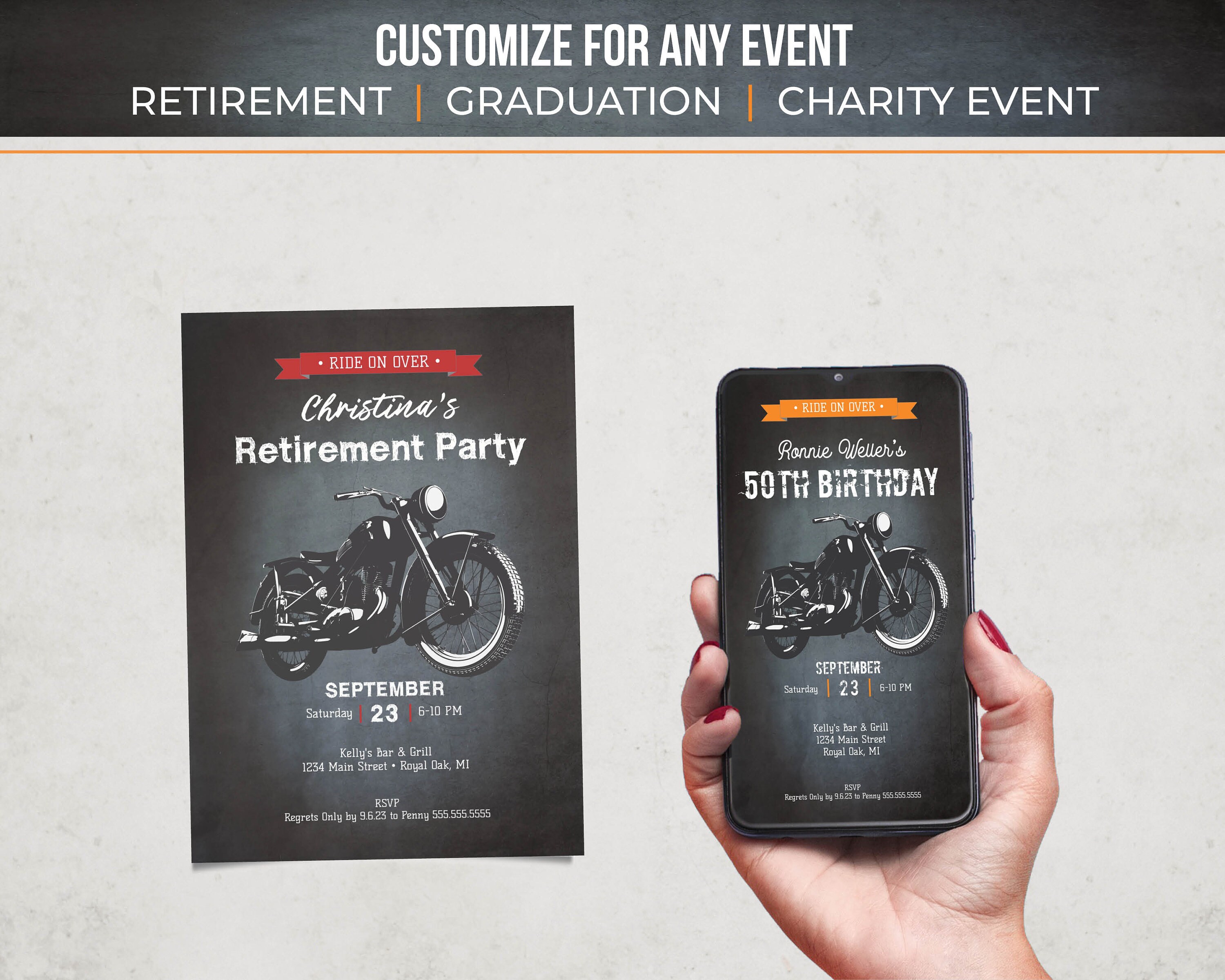 Motorcycle Invitation Self-editing TEMPLATE + Mobile Invite TEMPLATE ...
