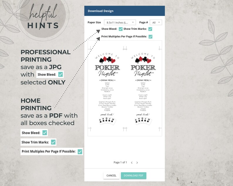 Poker Night Menu TEMPLATE Drink or Food Menu Casino Night - Etsy