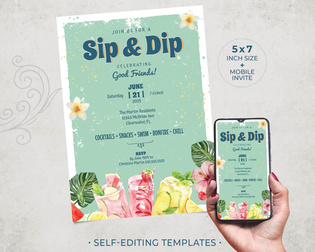 Sip & Dip Party Distressed Vintage Invite | Self-editing TEMPLATES ...
