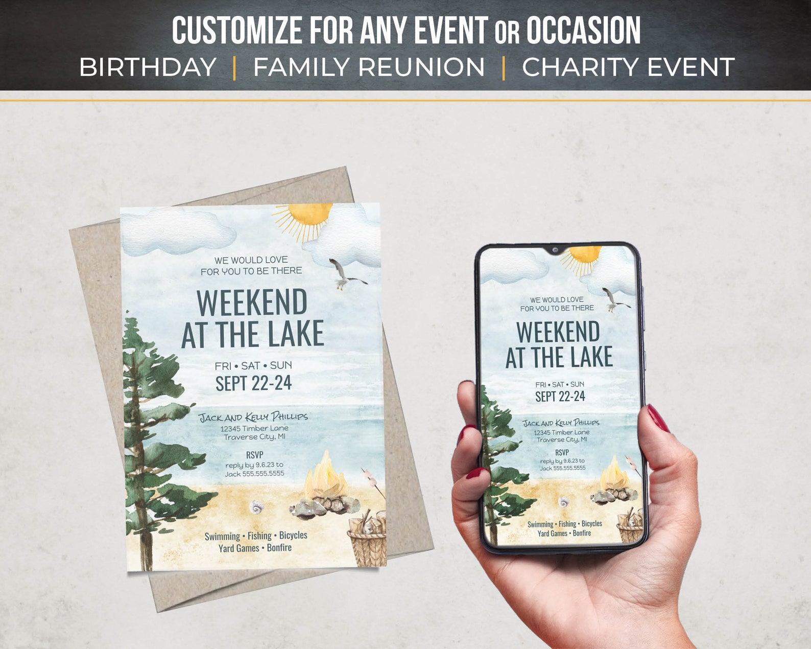 Weekend at the Lake Invitation Self-editing TEMPLATE Mobile Invite ...