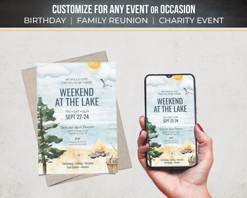 Weekend at the Lake Invitation Self-editing TEMPLATE Mobile Invite ...