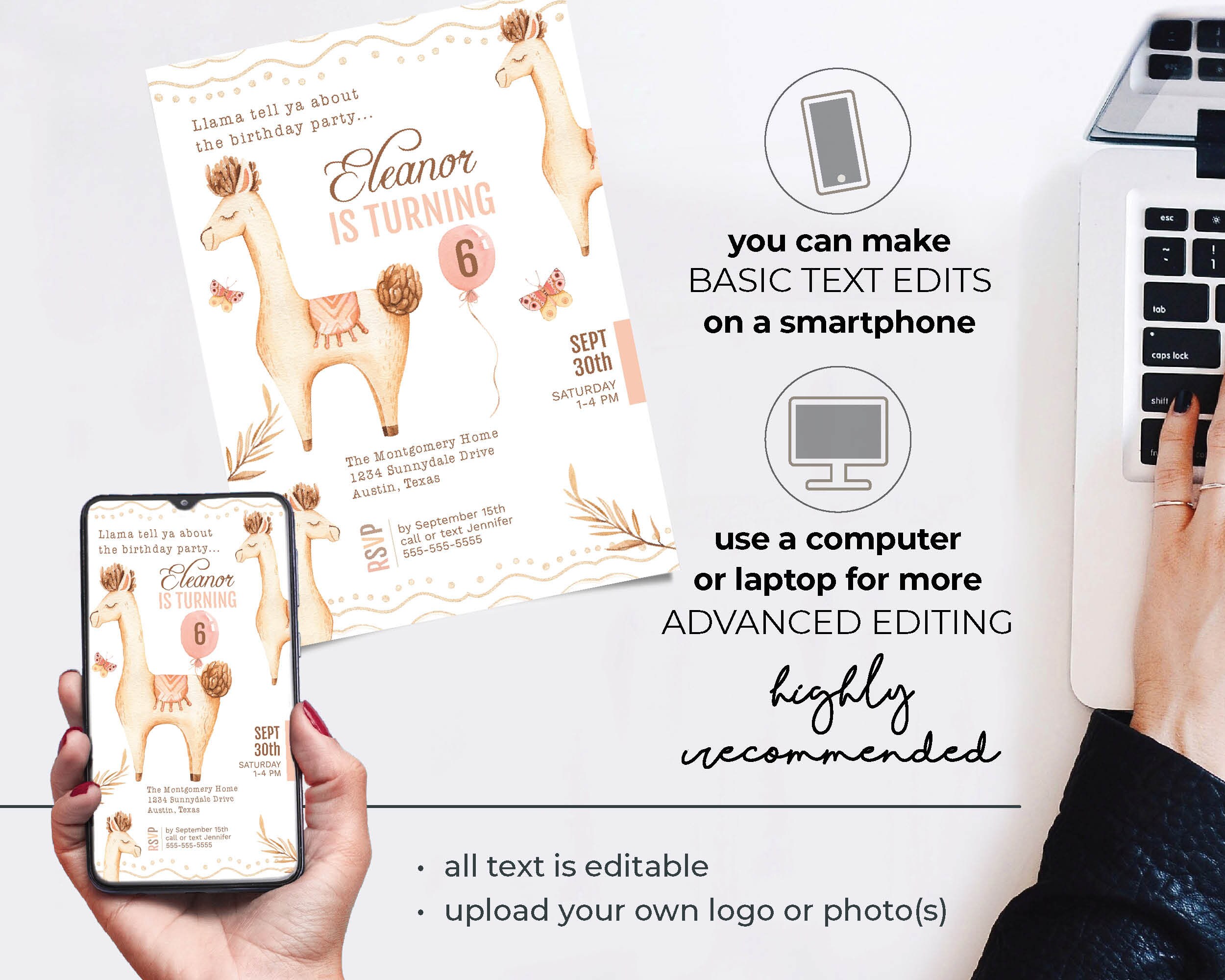 Llama Birthday Invite TEMPLATE Self-editing 5x7 Invitation Digital Text ...