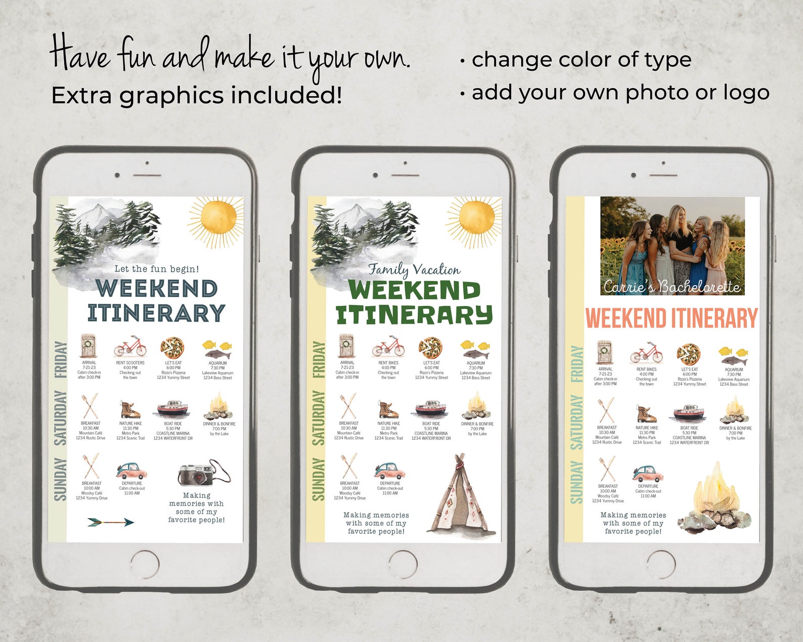 Weekend Itinerary Digital Editable TEMPLATE | Text/email Size | Weekend ...