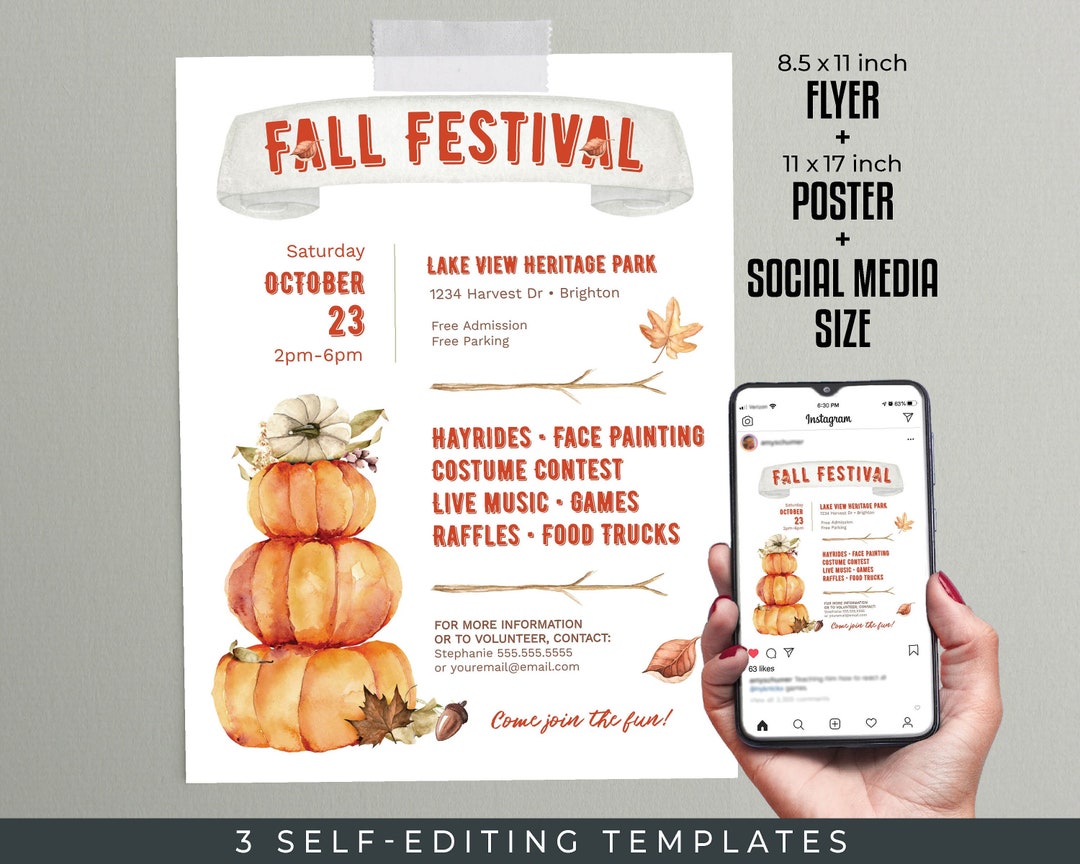 Fall Festival Editable TEMPLATES | 8.5x11 Flyer + 11x14 Poster + Social ...