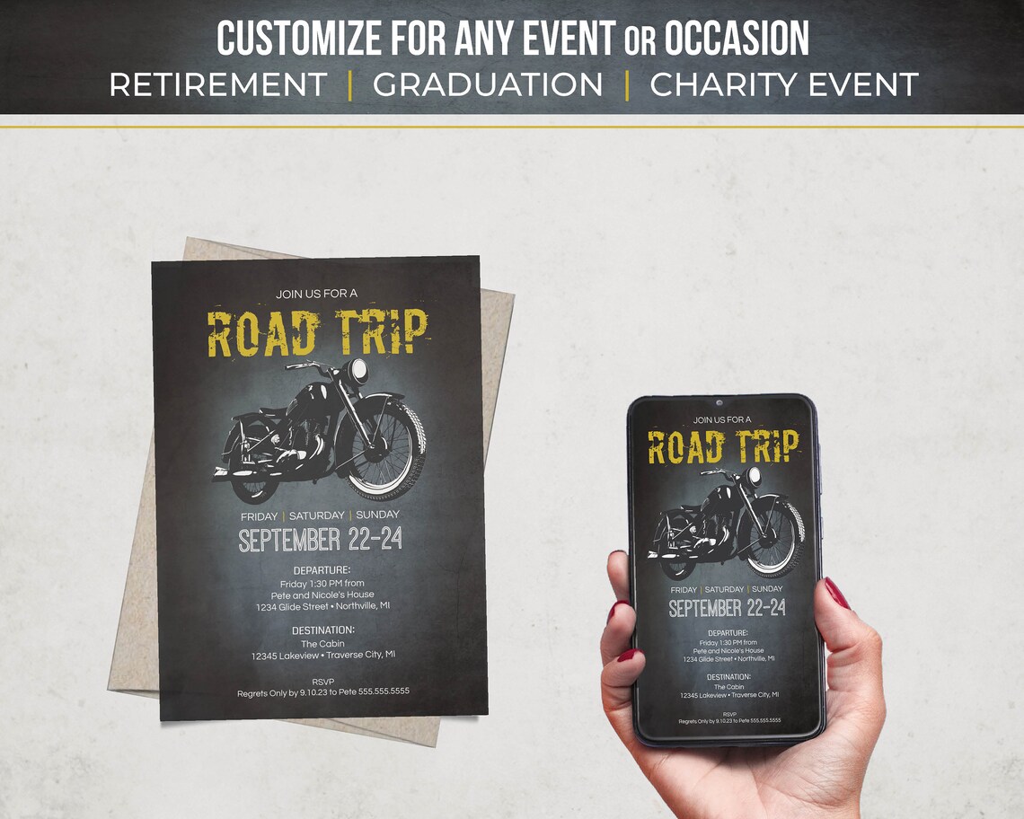 Road Trip Motorcycle Invitation Self-editing TEMPLATE + Mobile Invite ...