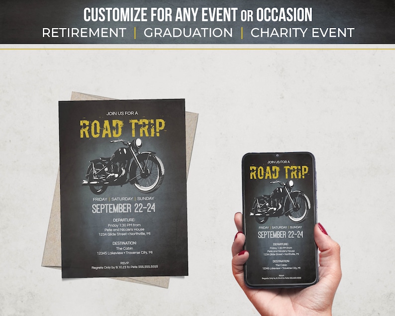 Road Trip Motorcycle Invitation Self-editing TEMPLATE + Mobile Invite ...