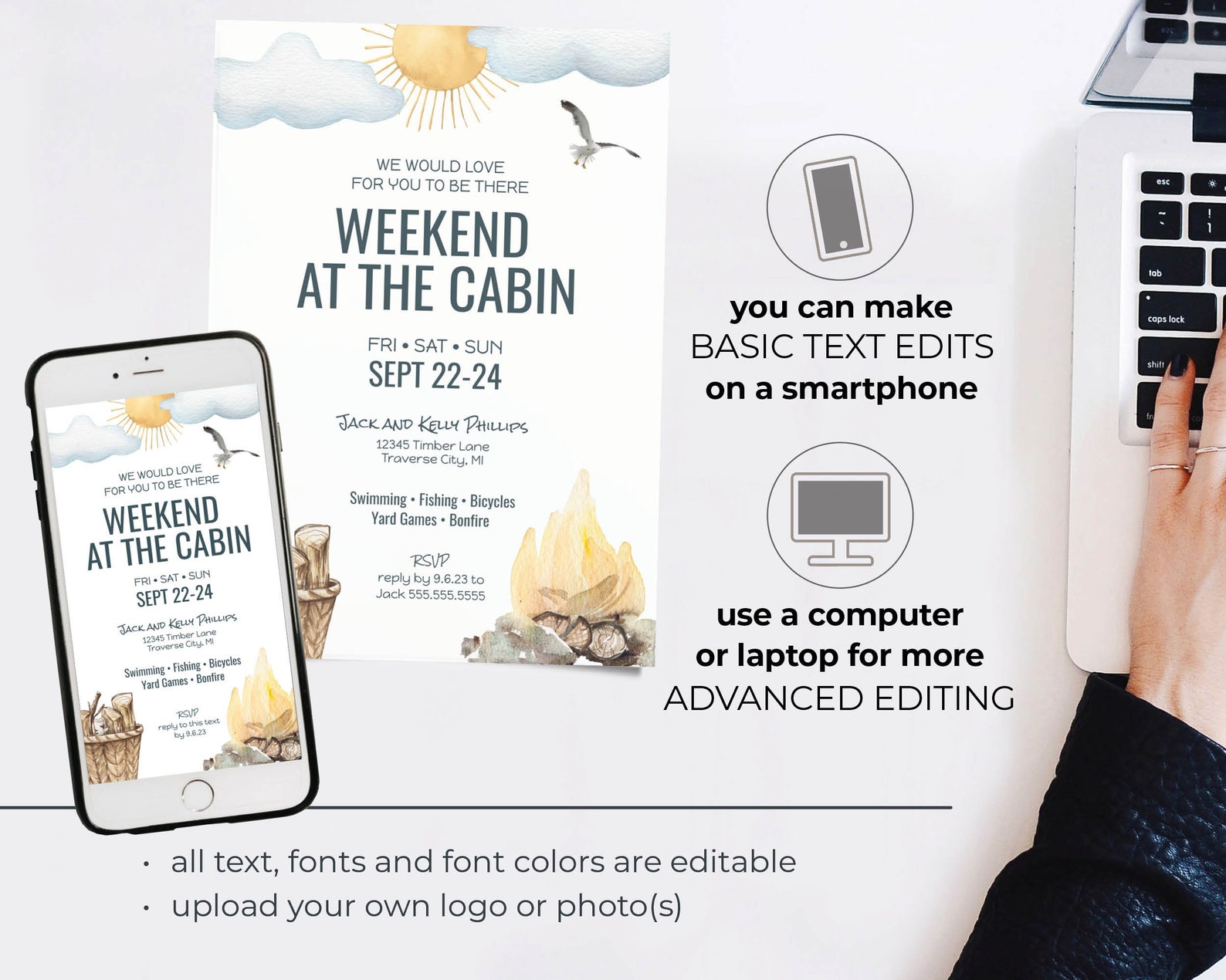 Weekend at the Cabin Invite Self-editing TEMPLATE + Mobile Invite ...
