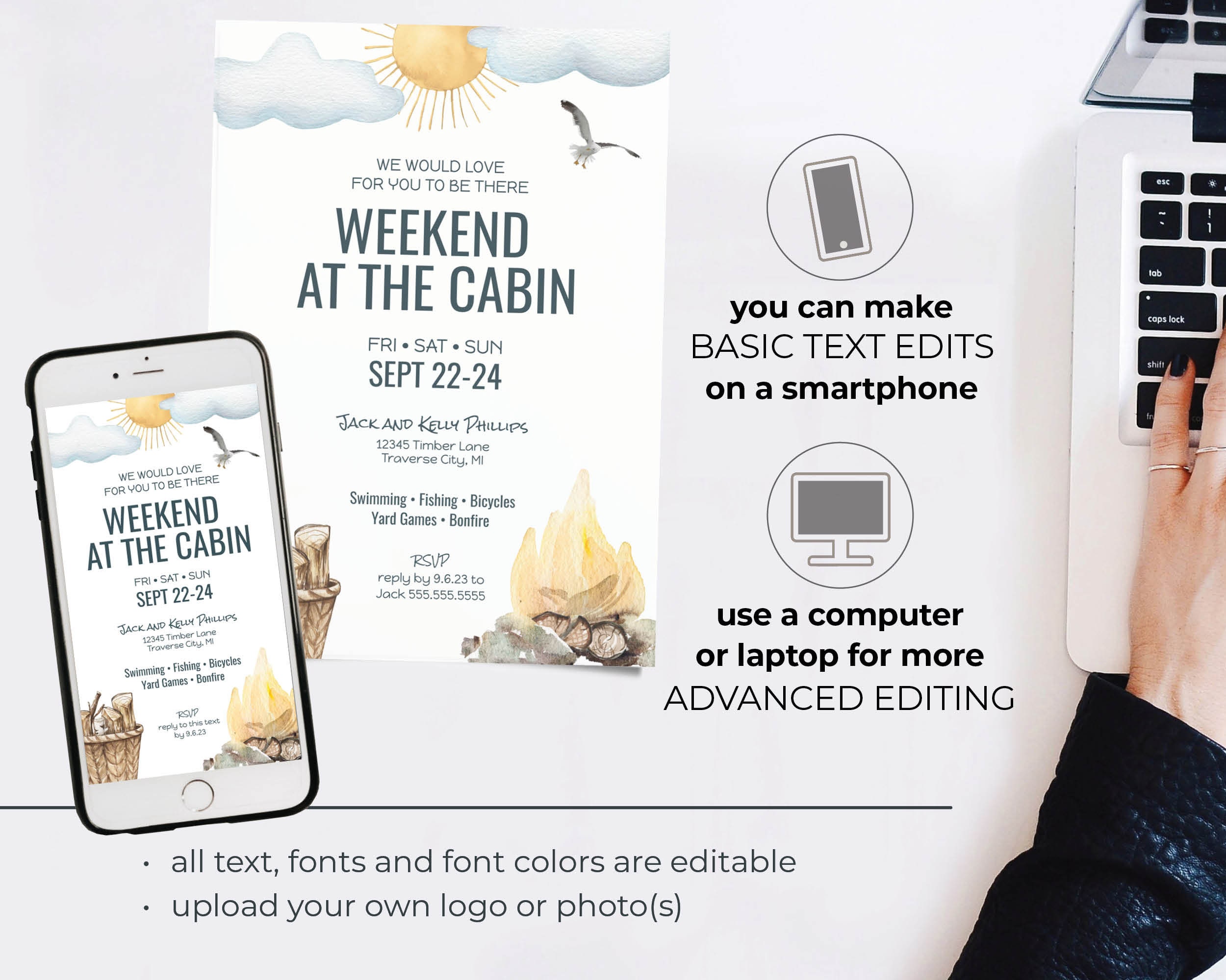 Weekend at the Cabin Invite Self-editing TEMPLATE Mobile Invite ...