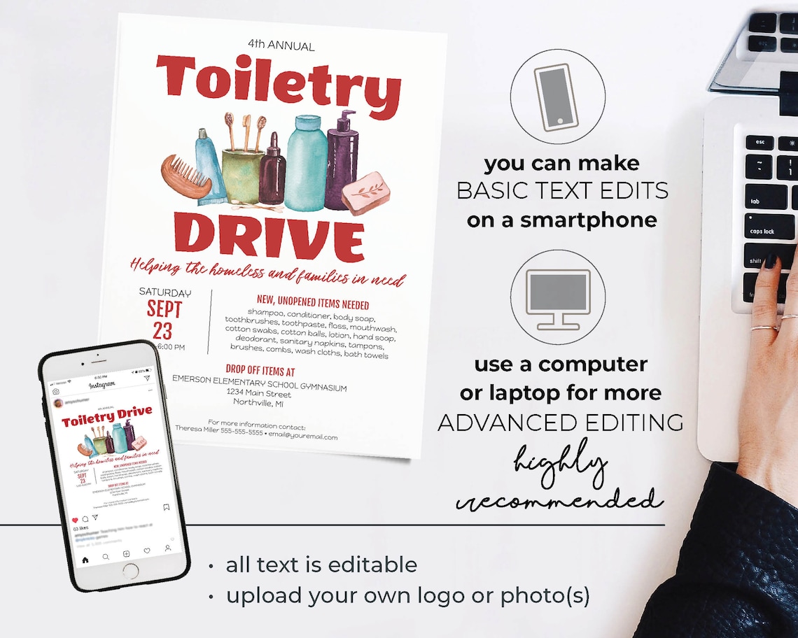 Toiletry Drive Editable TEMPLATES | 8.5x11 Flyer, 11x17 Poster, Social ...