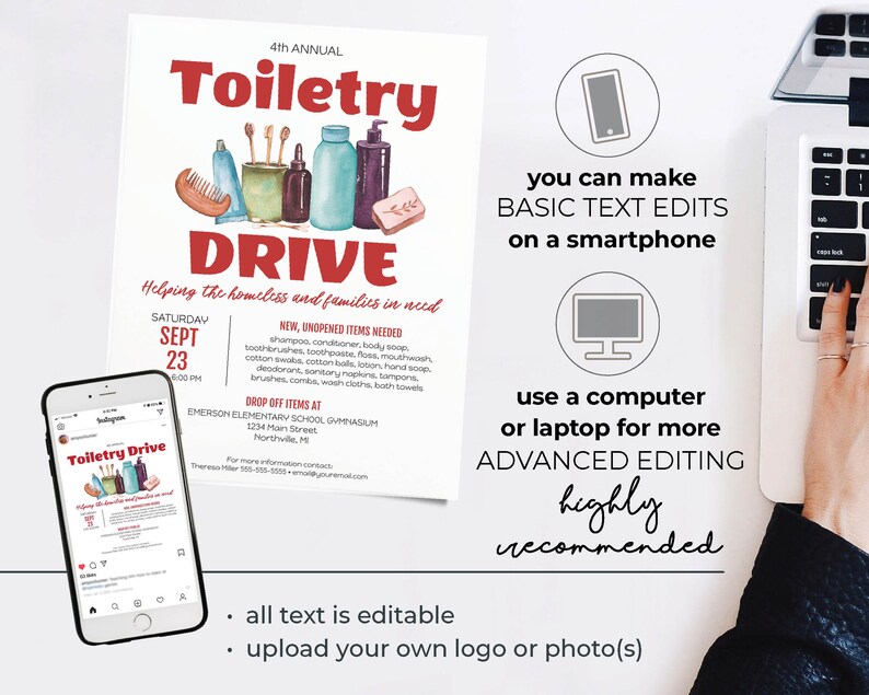 Toiletry Drive Editable TEMPLATES | 8.5x11 Flyer, 11x17 Poster, Social ...