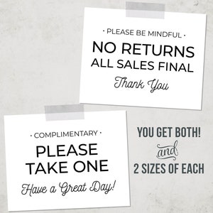 No Returns Sign Printable | Complimentary Sign | Instant Download ...